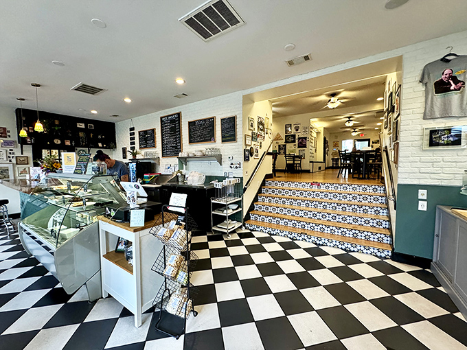 The counter where sandwich dreams come true, complete with those magical stairs that lead to more seating and happiness.