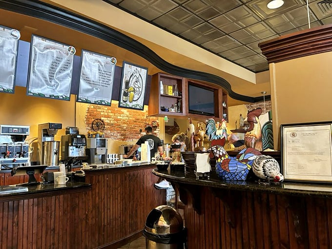 The counter area&mdash;where coffee magic happens and breakfast orders transform from scribbled tickets to edible masterpieces. Rooster approved.