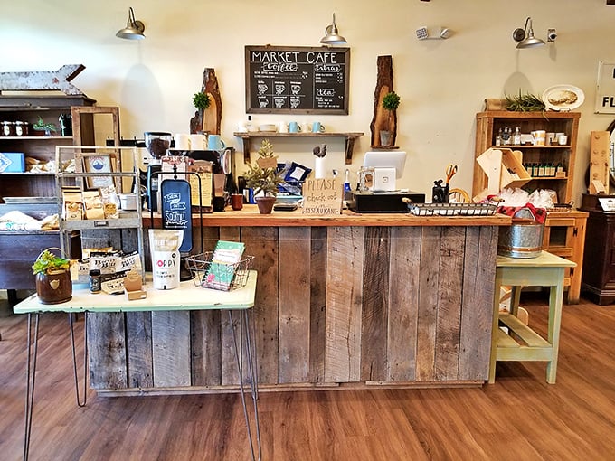Rustic charm meets marketplace vibes at this counter area. It's where breakfast dreams are born and coffee mugs are never empty for long.