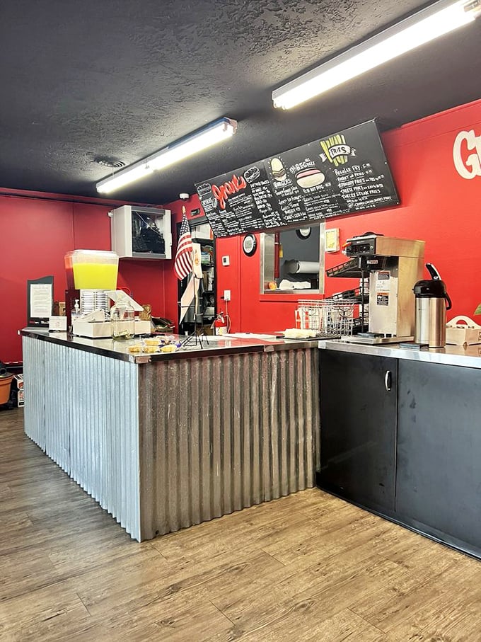 The corrugated metal counter adds industrial charm, while the menu overhead reminds you of all the delicious possibilities awaiting your order.