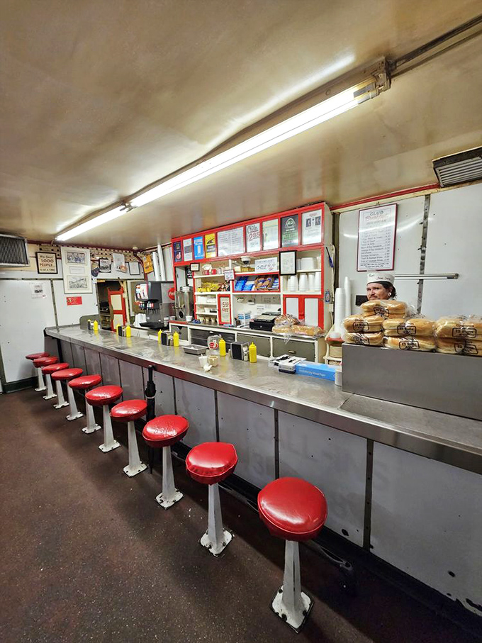The counter view from a customer's perspective. Each red stool has supported generations of Roanokers from first dates to funeral receptions.