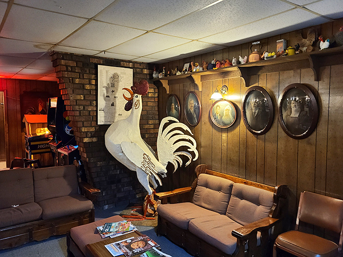 Whimsical chicken decor and family photos tell the story of Chicken Annie's legacy better than any written history ever could.