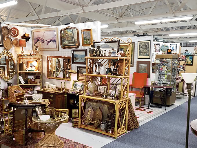 Rattan, wicker, and gold-framed mirrors create a bohemian-meets-elegant aesthetic that would make any interior designer's vintage-loving heart skip a beat.
