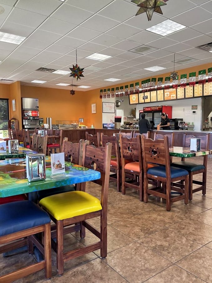 The dining room says, "Stay awhile." The colorful star lanterns overhead add just enough whimsy to complement serious eating.