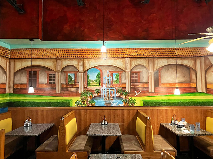 The dining area feels like sitting in a Mexican courtyard. These murals don't just decorate walls&mdash;they tell stories between bites.