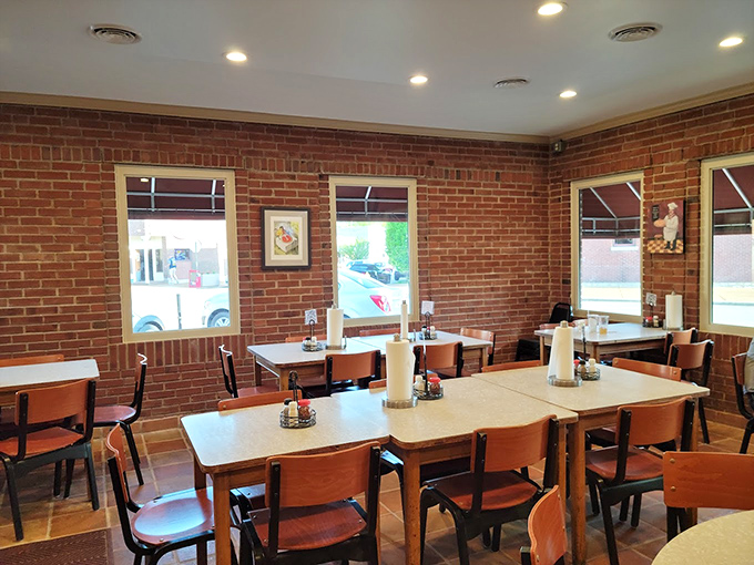Clean, bright, and inviting &ndash; the dining room's brick walls have absorbed decades of laughter and pizza-fueled conversations.