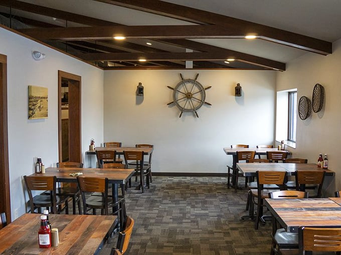 Nautical touches and wooden tables create an unexpected maritime vibe, as if your meal might set sail on Lake Superior.
