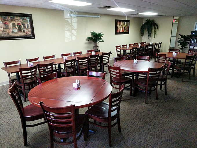 A dining room designed for gatherings where stories flow as freely as the coffee. Those wooden chairs have heard decades of family news, business deals, and first dates.