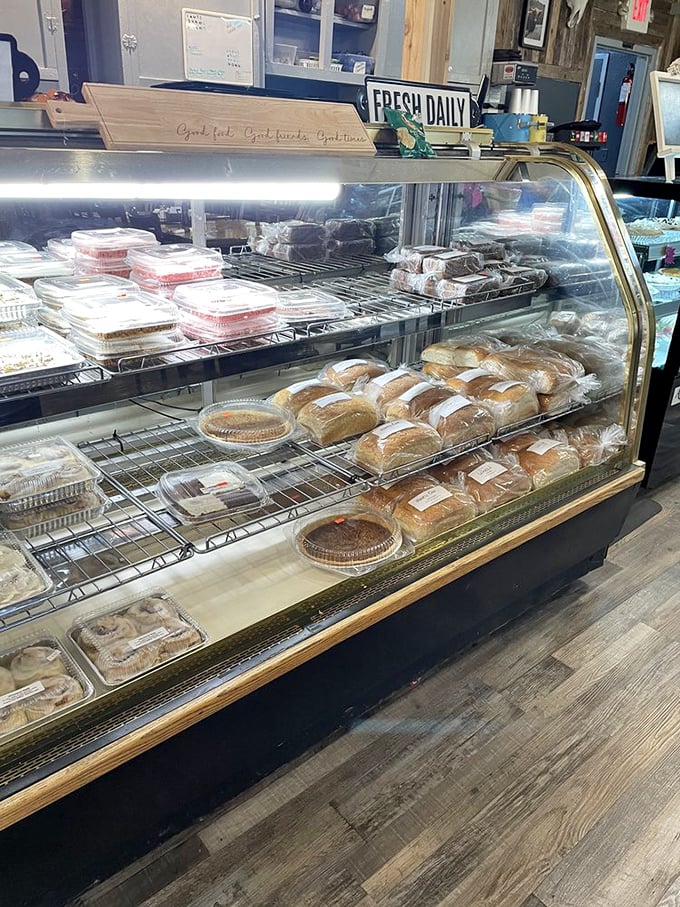 Fresh baked goodness, as far as the eye can see. This display case is like Willy Wonka's factory for carb enthusiasts. Prepare for some serious bread-based temptation!
