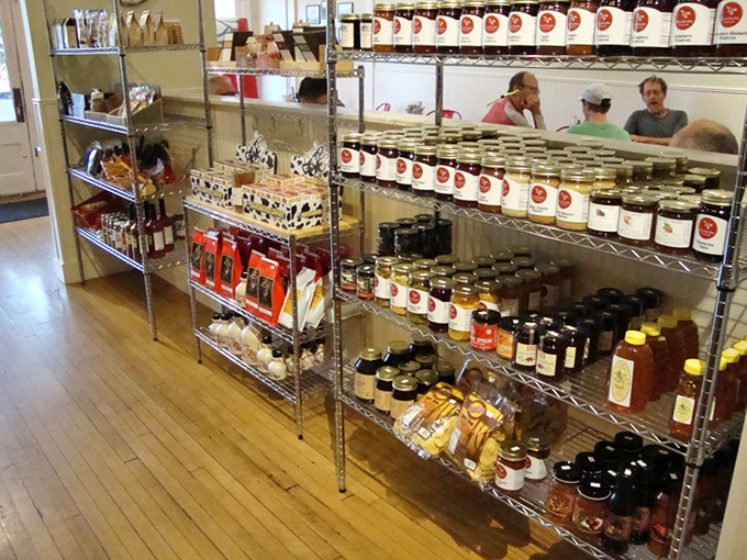 This isn't just a display rack&mdash;it's a treasure trove of Wisconsin-made deliciousness. Jams, preserves, and sauces that make grocery store versions hang their heads in shame.