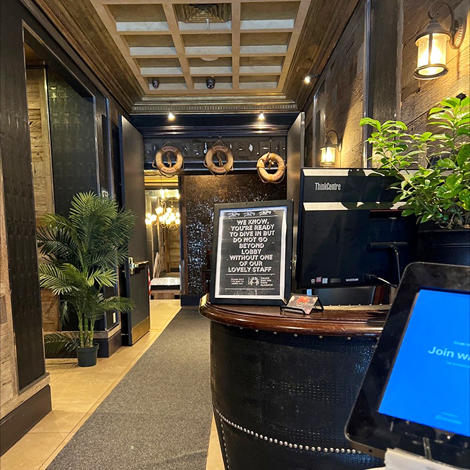 This entrance doesn't just welcome you to dinner&mdash;it invites you aboard a maritime adventure where seafood treasures await discovery.