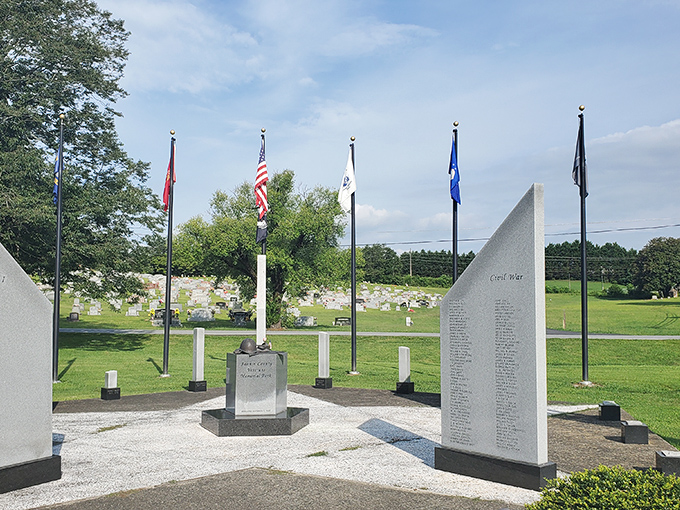 Quiet dignity in the mountains. Fannin County's Veterans Memorial Park honors sacrifice with simple elegance against the backdrop of Georgia's rolling hills.