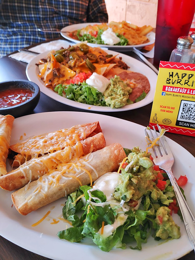 A fiesta on three plates &ndash; flautas, nachos, and burritos creating the kind of spread that makes everyone at neighboring tables ask, "What did they order?"