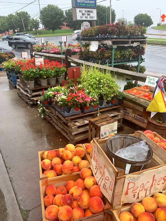 The outdoor market's peaches and flowers create nature's perfect color palette. Even the rain can't dampen the vibrant farm-fresh appeal.