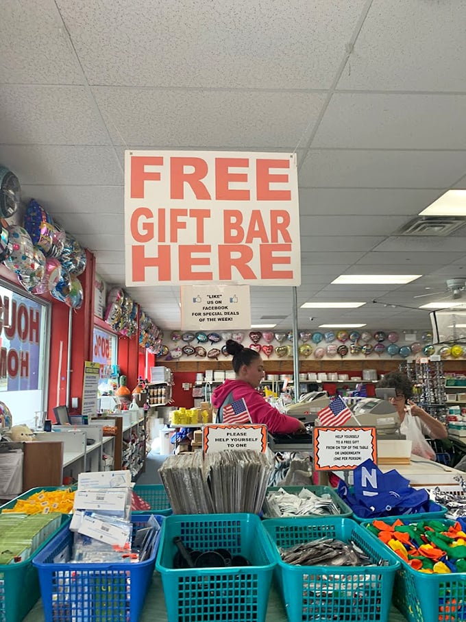 The legendary "Free Gift Bar"—where the words "free" and "gift" join forces to create the most magnetic corner in retail history.