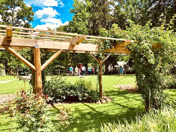 The grounds offer peaceful garden spaces where visitors can catch their breath between steam-powered adventures. Nature and history in perfect harmony.