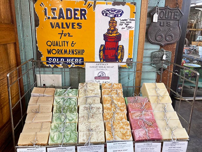 Handcrafted soaps lined up like edible treats beneath vintage advertising. The artisanal revolution isn't new&mdash;it's just rediscovering what our grandparents already knew.