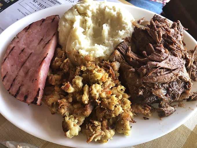 The holy trinity of comfort food: ham, roast beef, and sides that make vegetables worth eating. Diets weep in the corner.