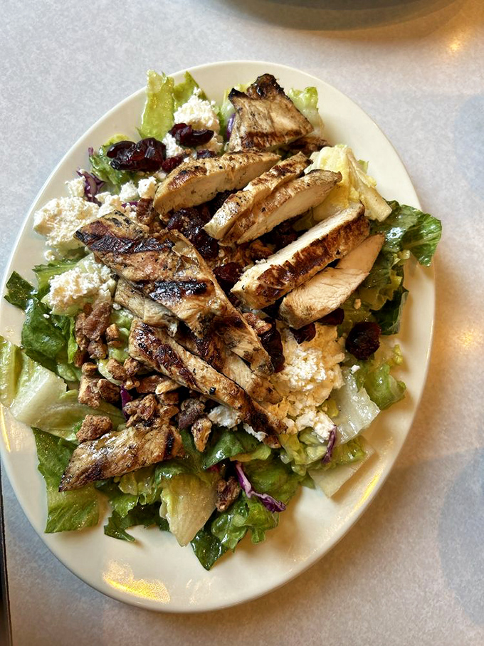 A salad that means business &ndash; grilled chicken, cranberries, and feta arranged so beautifully you almost feel bad dismantling it. Almost.