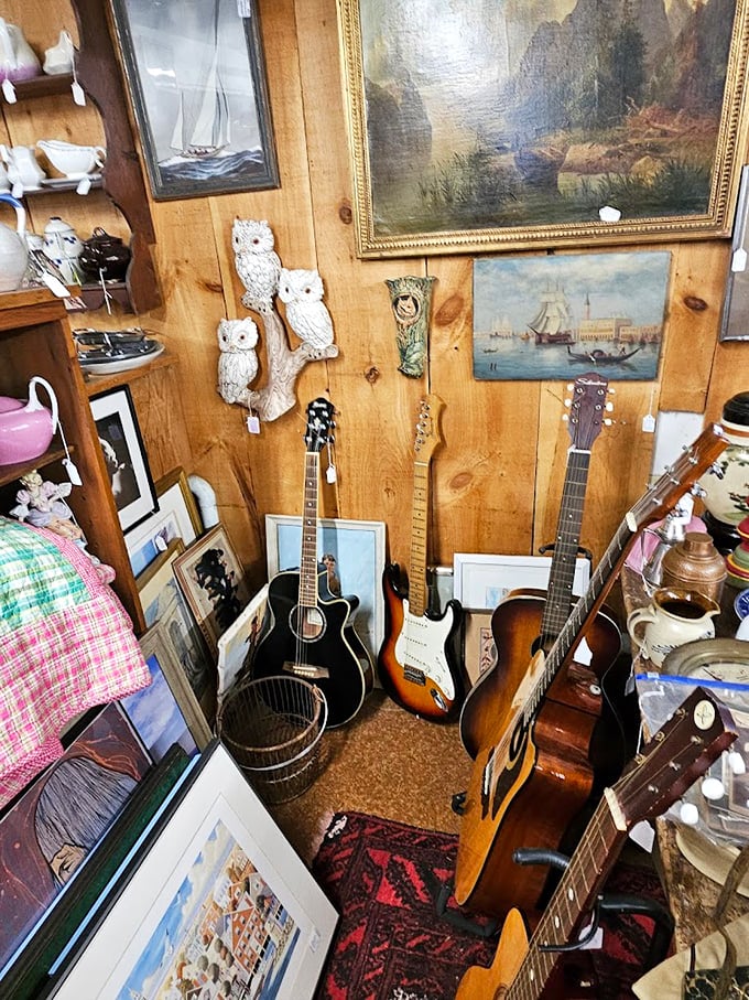 Discover your next musical inspiration among vintage guitars, classic landscape paintings, and charming owl sculptures tucked in this cozy corner.
