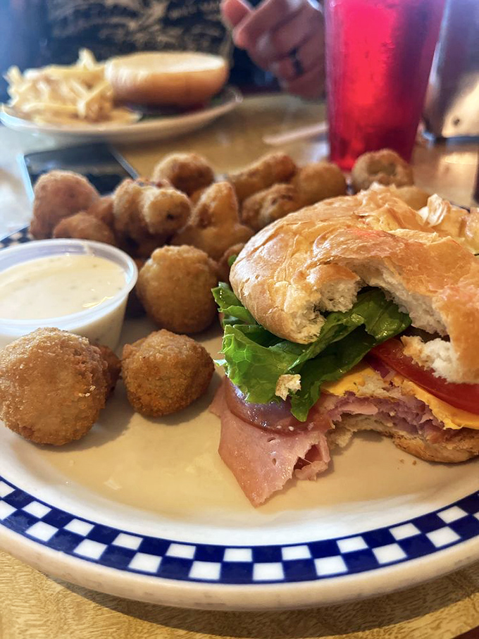 The sandwich arrives with sidekicks of golden-fried potato rounds that look like they're auditioning for a supporting role in your lunch dreams.