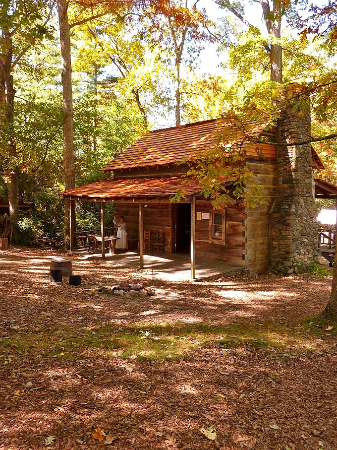 At Hickory Ridge Living History Museum, this log cabin whispers stories of mountain resilience while sunlight dapples through centuries-old trees.
