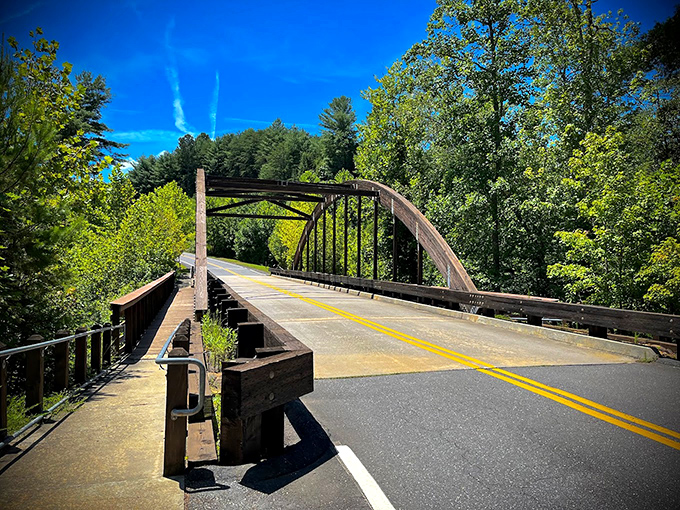 Crossing this sun-drenched bridge feels like driving straight into a Bob Ross painting&mdash;happy little trees included.