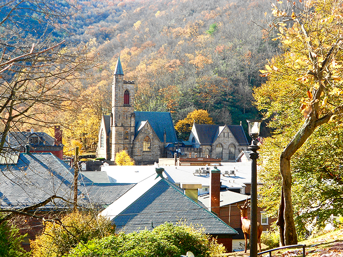 Stone churches and autumn-kissed trees create Jim Thorpe's postcard-perfect skyline—a scene that makes you wonder if Norman Rockwell missed his chance here.