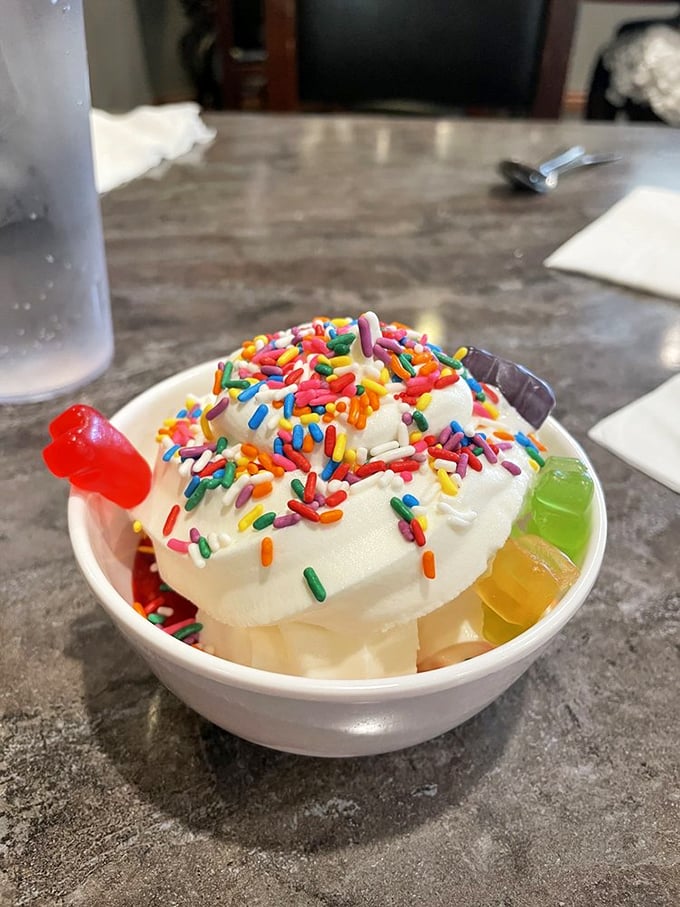 Ice cream sundae with rainbow sprinkles: proof that no matter how sophisticated our palates become, we're all still eight years old at heart.