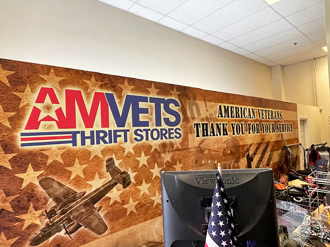 A patriotic reminder of AMVETS' mission&mdash;supporting American veterans while helping shoppers find bargains. Shopping with purpose never looked so good.