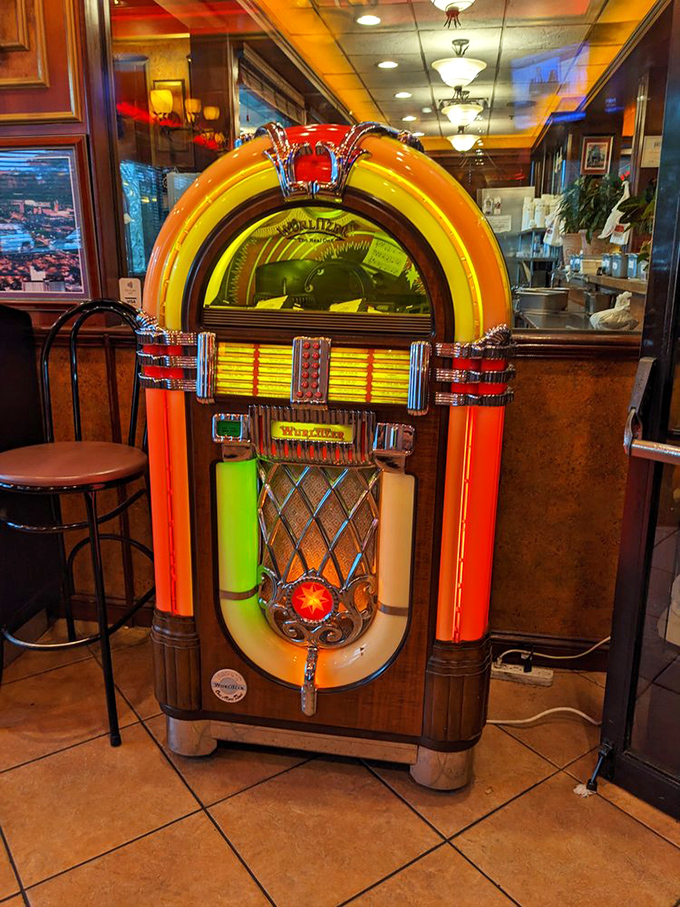 A vintage jukebox stands ready to provide the soundtrack to your meal. Some dining experiences deserve their own theme music.