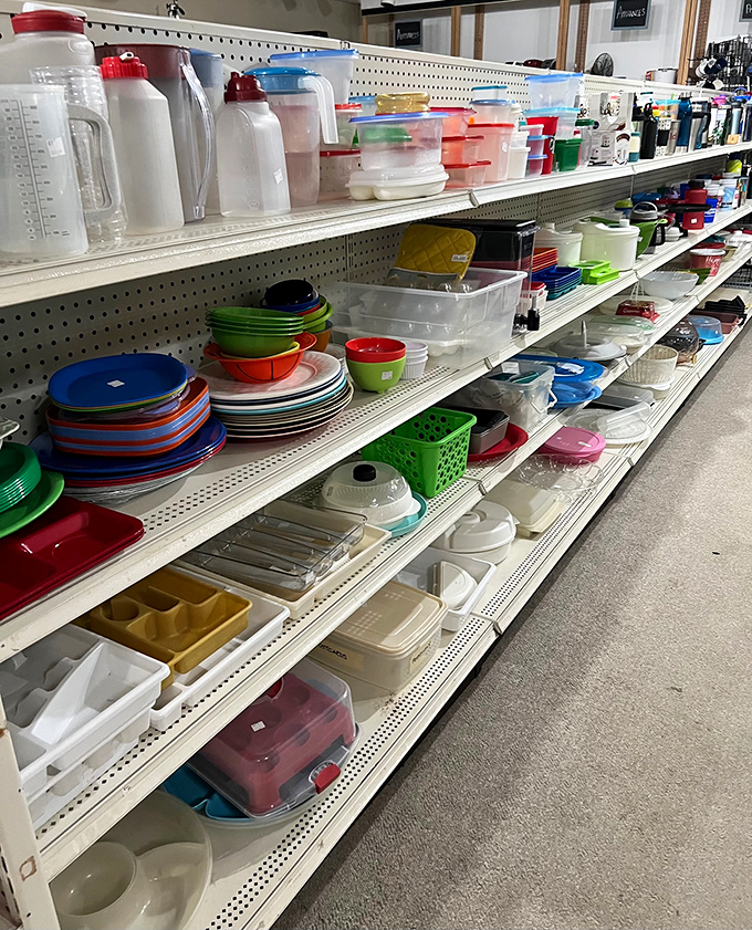 The Tupperware section – where container lids mysteriously outnumber actual containers, just like in your kitchen at home.