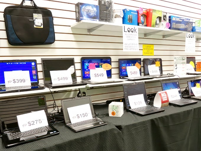 Tech bargains lined up like eager candidates at a job interview. Yesterday's laptops offering tomorrow's possibilities at yesterday's prices.