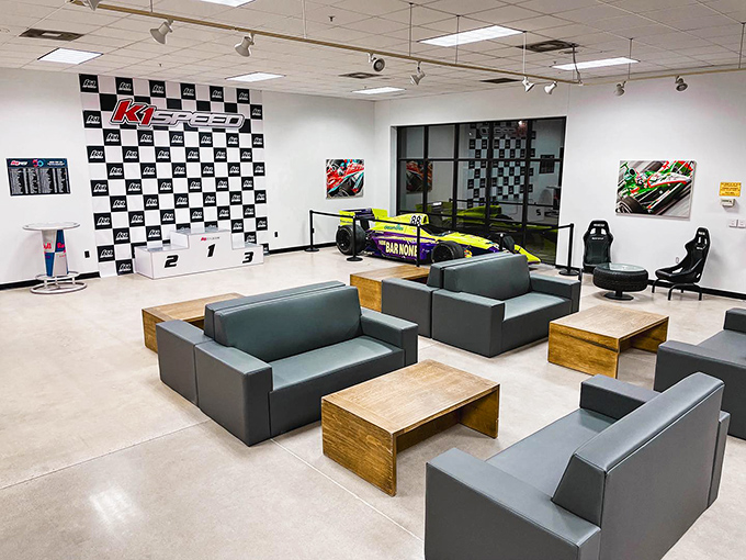 The lounge area where racers analyze their performance and plot revenge strategies for the next heat. Racing memorabilia sets the perfect mood.