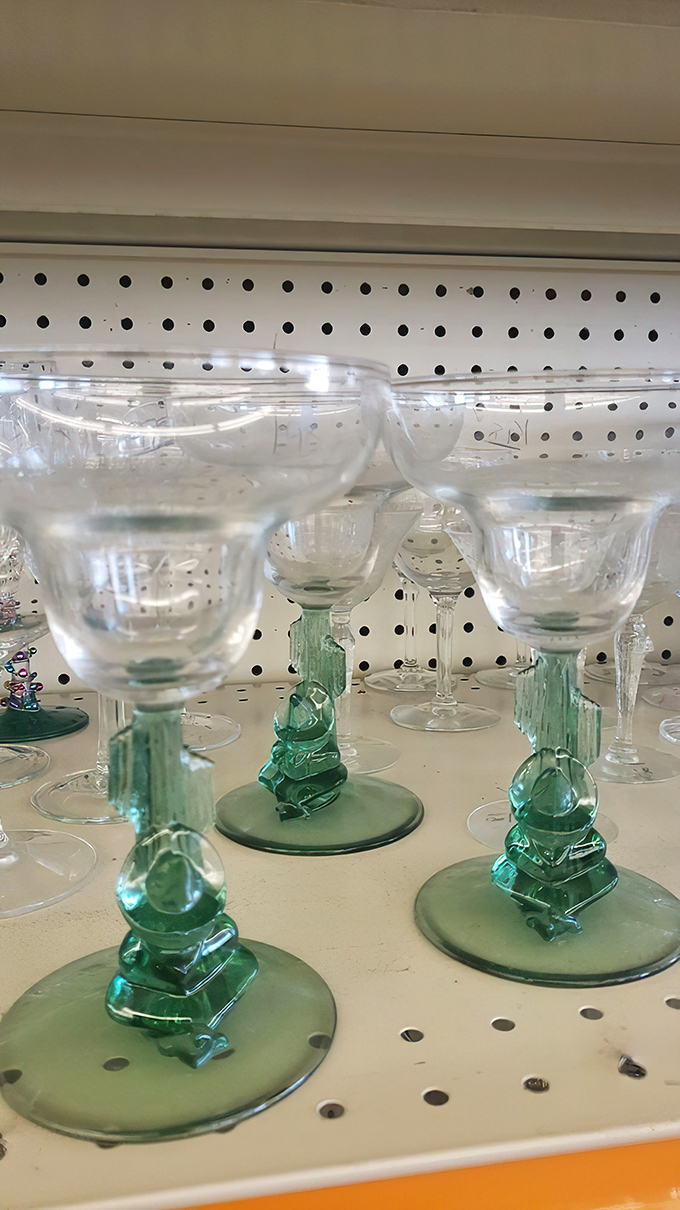 Vintage glassware that transforms ordinary margaritas into sophisticated soir&eacute;es. Those green stems are practically whispering "Jimmy Buffett approved."