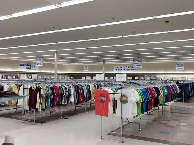 Clothing sections organized with signs that read like destinations in a theme park. "Shepherd's Gate" sounds like it should have a minimum height requirement.