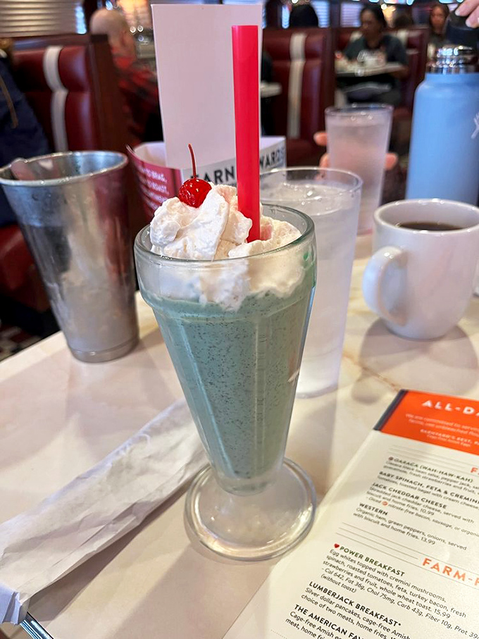 The Grasshopper shake arrives looking like it teleported from a 1950s soda fountain, complete with cherry on top and enough whipped cream for a small village.