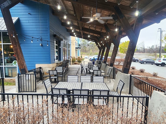 The covered patio offers al fresco dining without the Arkansas summer sun turning you into the toasted one.