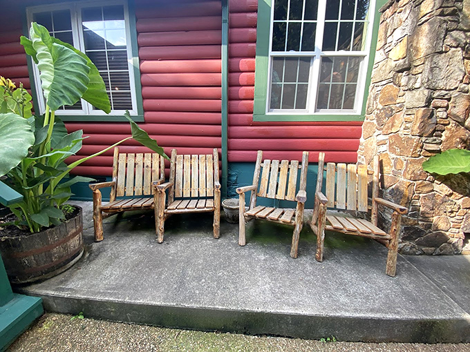 Rustic wooden chairs on the porch invite you to sit a spell before dinner. The Ozarks version of a five-star waiting room.