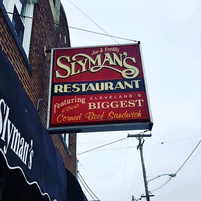The sign promises Cleveland's biggest corned beef sandwich &ndash; a bold claim that Slyman's backs up with mountainous evidence.