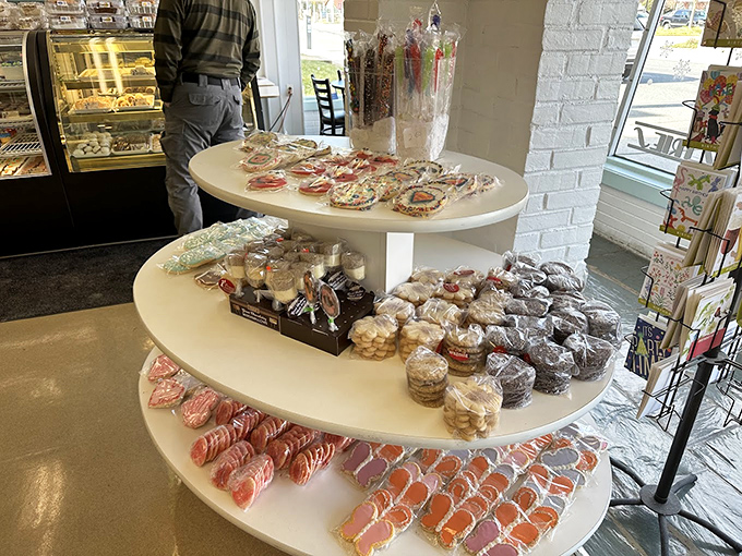 A three-tiered display of packaged temptation. Resistance is futile when faced with this much cellophane-wrapped joy.