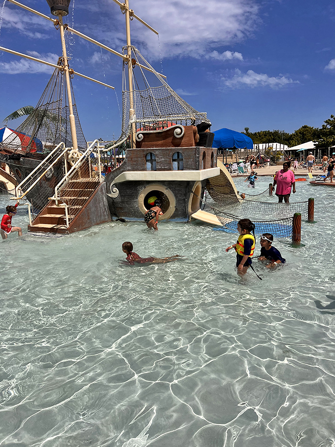 Little sailors discover big adventures aboard this landlocked pirate ship, complete with slides, sprays, and shallow waters for maritime explorers.