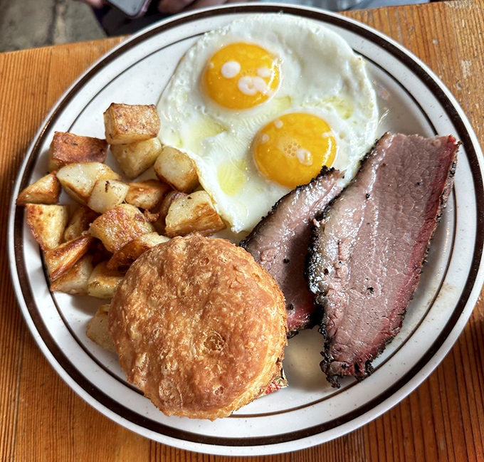 Breakfast gets the barbecue treatment&mdash;sunny eggs, crispy potatoes, and brisket that makes you question why cereal was ever invented. 