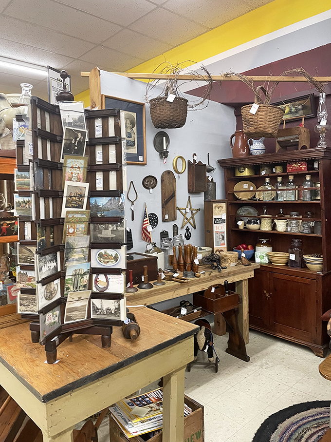 A cozy nook where lattice woodwork frames shelves of coastal treasures. Like stepping into your eccentric aunt's favorite room.