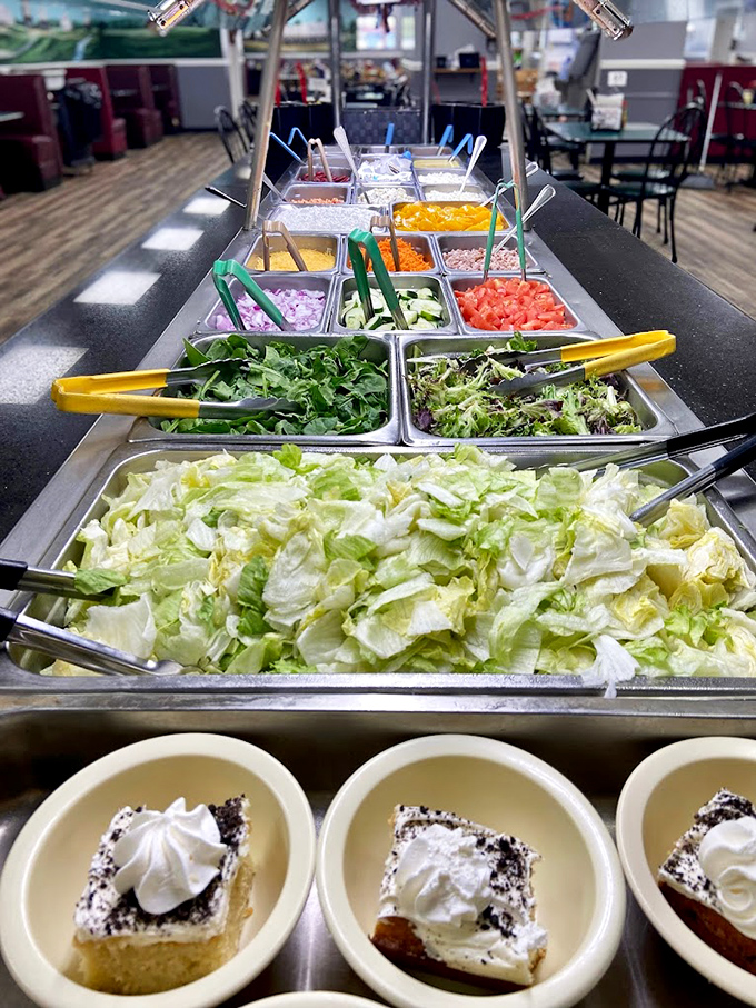 A salad bar that doesn't feel like punishment. Those desserts waiting at the end are the light at the end of the vegetable tunnel.