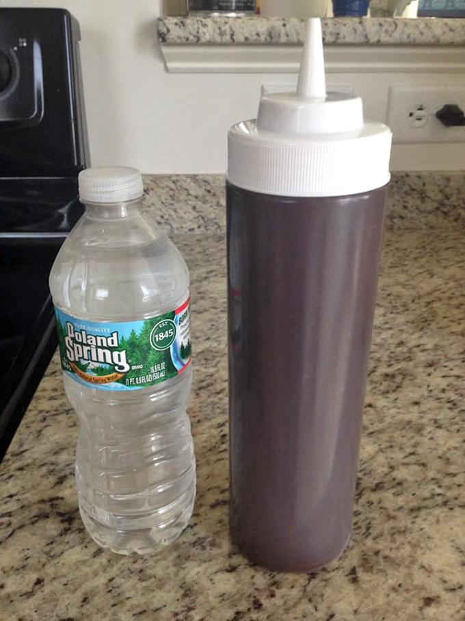 That sauce bottle standing tall next to water is like Pavarotti next to a backup singer—one's essential, but the other's the real star.