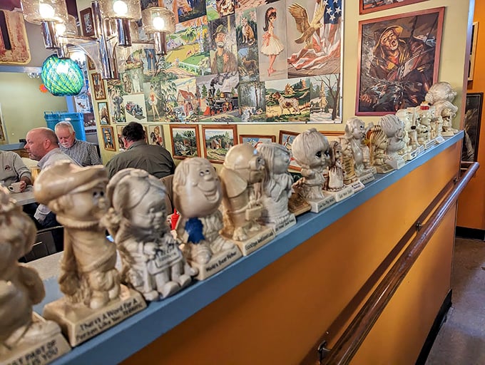 An army of figurines stands guard over your breakfast, silently judging your decision not to order the French toast.