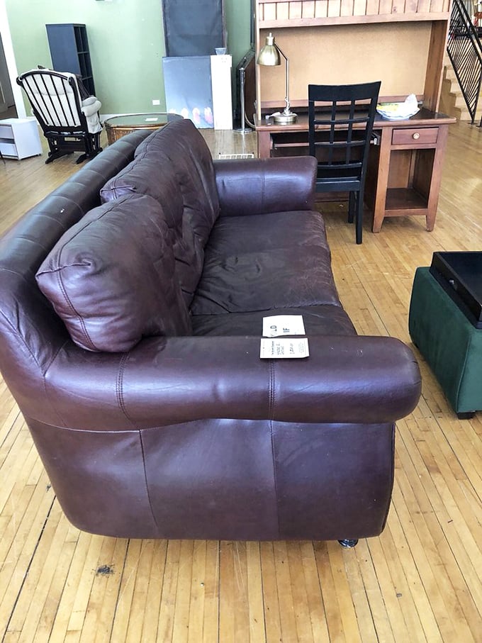 This leather sofa has already broken in the awkward phase for you&mdash;like adopting a teenager instead of having a baby.