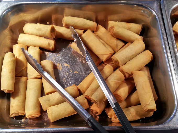 Spring rolls stacked like edible Lincoln Logs, their crispy exteriors promising a satisfying crunch that echoes through your soul.