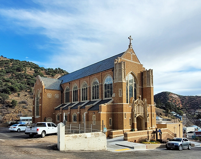 St. Patrick's Church watches over Bisbee like a brick guardian angel, its architecture a testament to the town's once-booming prosperity.